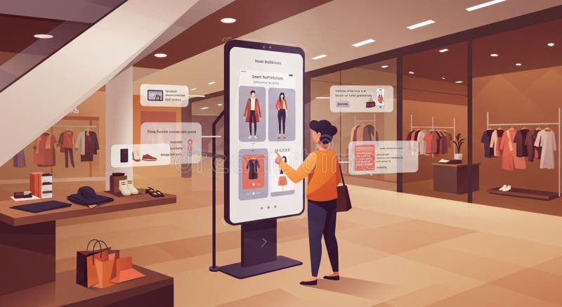 A Modern Clothing Store Showcases a Large Digital Touchscreen Display ...