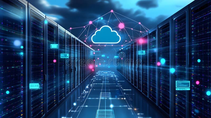 Modern Cloud Computing Concept in a Data Center Stock Illustration - Illustration of connection ...