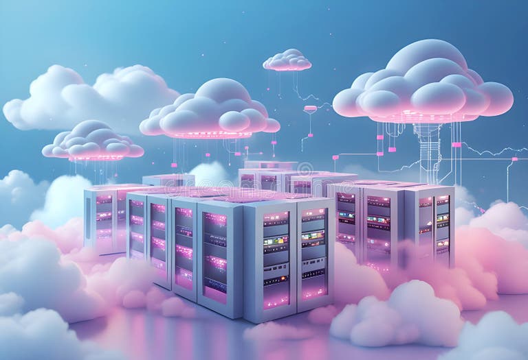 Modern Cloud Computing Concept with Servers and Fluffy Clouds Connected. Futuristic Data Storage ...