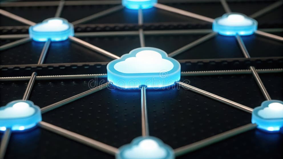 Modern Cloud Computing Network Technology Concept with Illuminated Cloud Icons Interconnected on ...