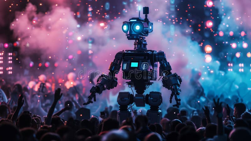 A Modern Cloud of Robots Dances at a Party with a Robot DJ. Stock ...