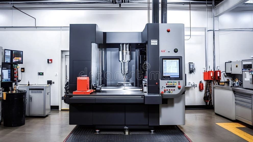 Modern Cnc Machine Operating in Factory Workshop with Control Panel Display Data Stock Image ...