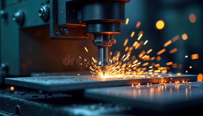Modern CNC Milling Machine Cuts Metal Sheet. Sparks Fly. High-tech ...