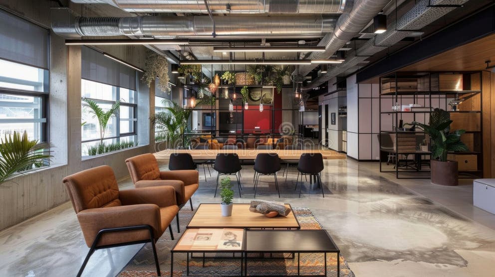 Modern Co-working Space Interior Showcasing Industrial Design Elements ...