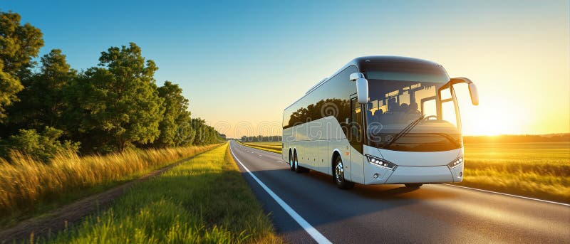 Modern Coach Bus Drives on a Scenic Highway during Sunset Stock Image ...