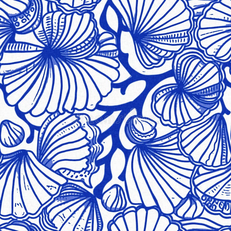 Azure Blue White Shell Motif with Linen Seamless Batik Background ...