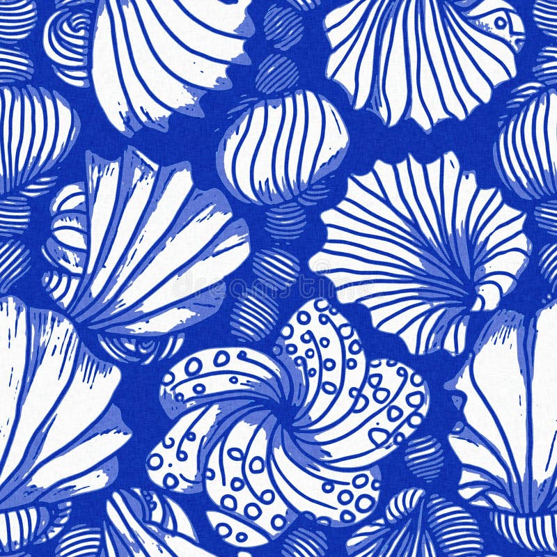 Azure Blue White Shell Motif with Linen Seamless Batik Background ...