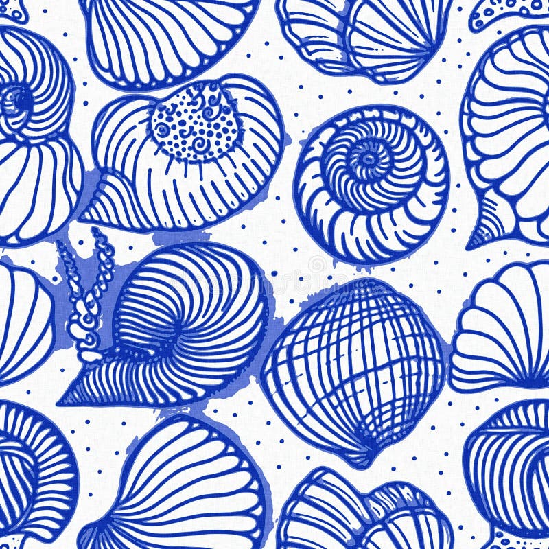 Azure Blue White Shell Motif with Linen Seamless Batik Background ...