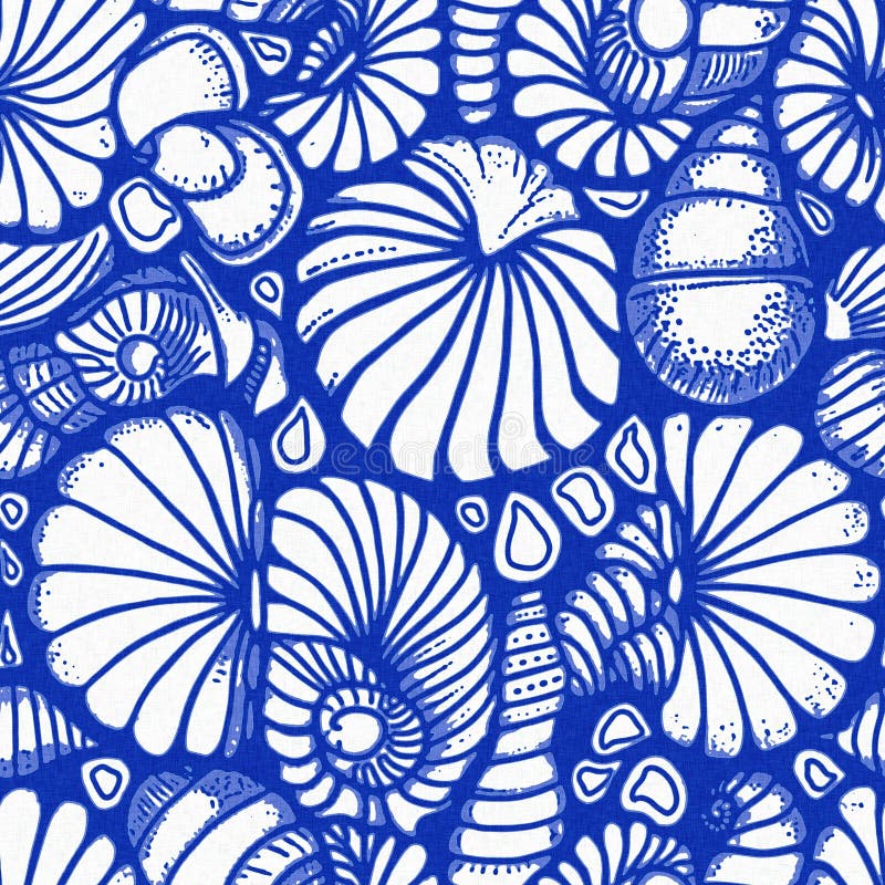 Azure Blue White Shell Motif with Linen Seamless Batik Background ...