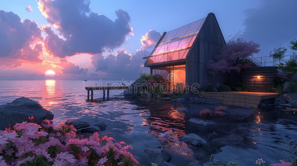 Modern Coastal a-frame Cabin at Sunset, Tranquil Waters. Architectural ...