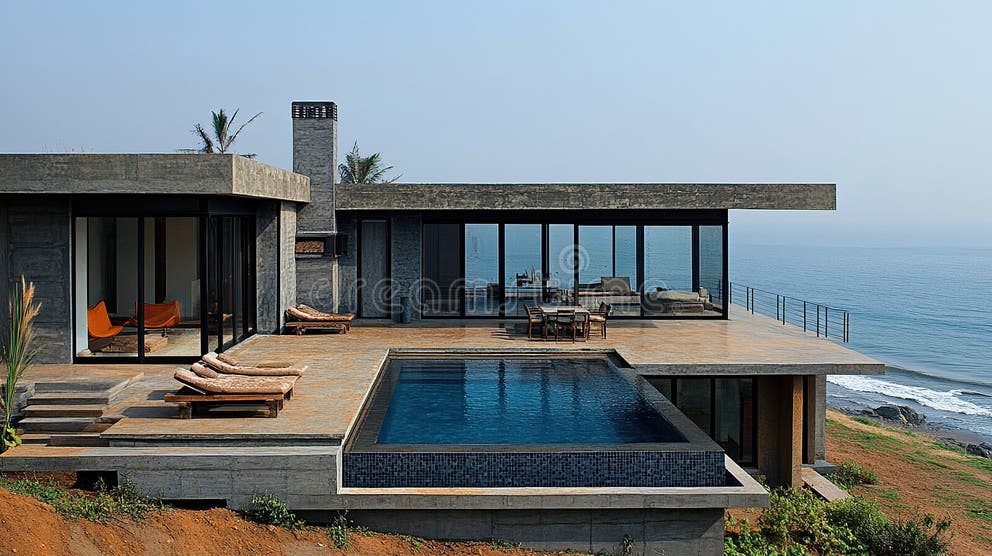 Modern Coastal Home with Infinity Pool Stock Illustration ...