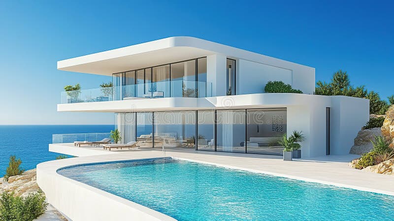 Modern Coastal Home with Infinity Pool Stock Illustration ...