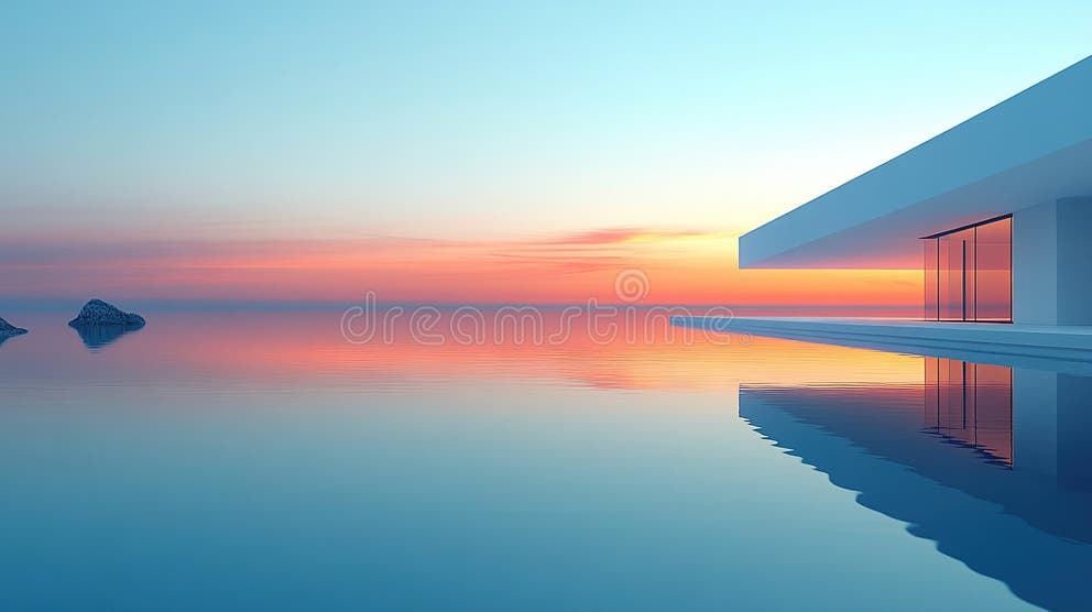 Modern Coastal Home with Infinity Pool at Sunset Stock Illustration ...