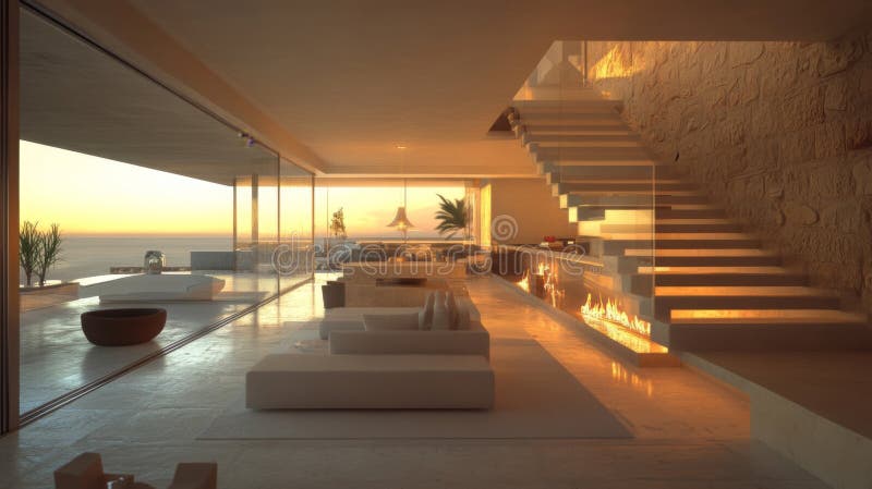 Modern Coastal Home Interior Design Featuring Sunset Views Stock ...