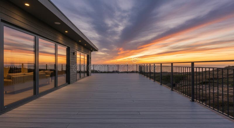 Modern Coastal House Deck Sunset Ocean View Stock Illustration ...