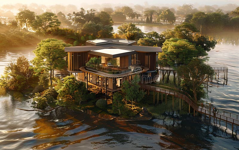 Modern Coastal House Elevated on Stilts Overlooking Serene Wetland at ...