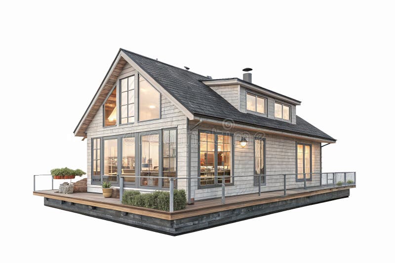 Modern Coastal House with Large Windows and Deck on Transparent ...