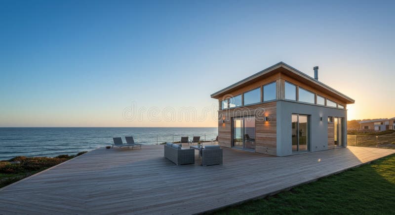 Modern Coastal House at Sunset Stock Illustration - Illustration of ...