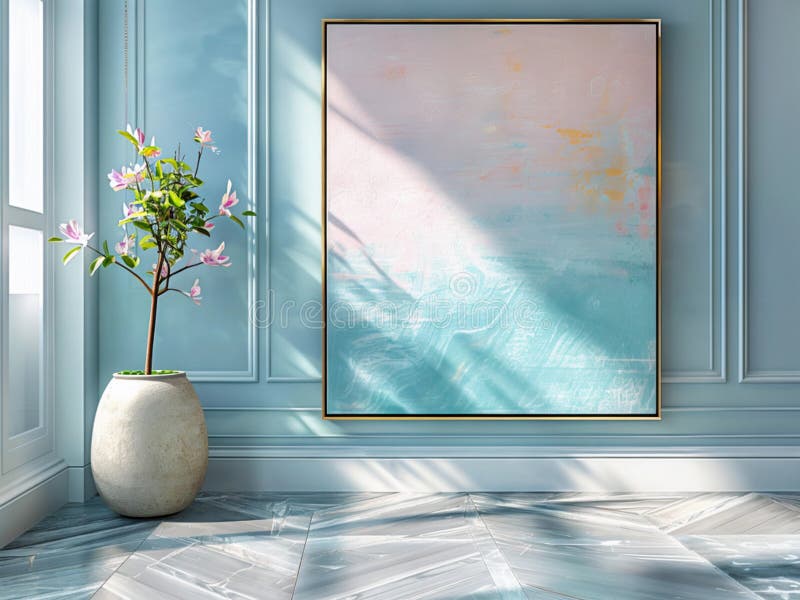 Modern Coastal Interior with Large Abstract Wall Art and Dusty Blue ...