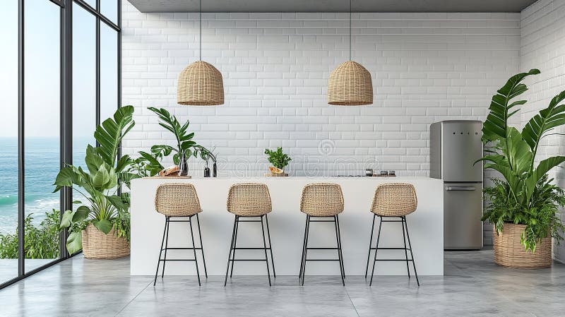 Modern Coastal Kitchen with Bar Stock Illustration - Illustration of ...