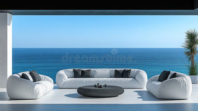 Modern Coastal Living Room with Ocean View Stock Illustration ...