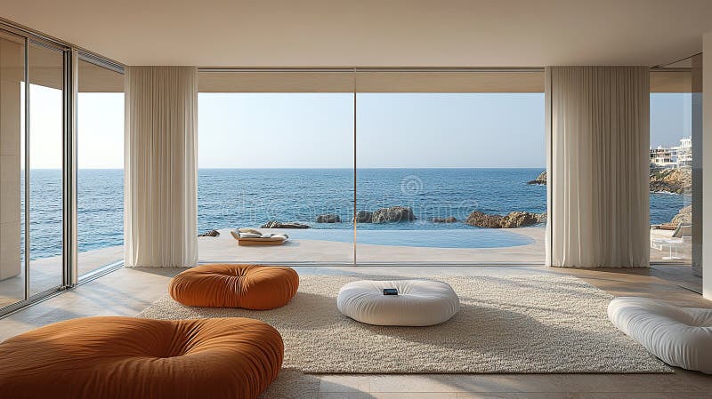Modern Coastal Living Room with Ocean View and Pool Stock Illustration ...
