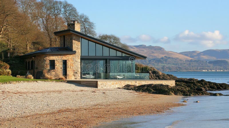Modern Coastal Stone and Glass House on a Pebble Beach Stock ...