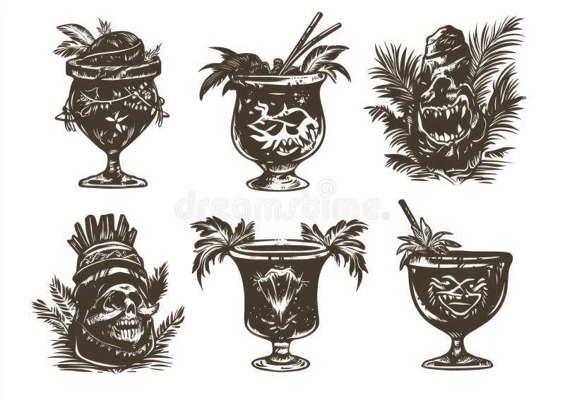 Modern Cocktail Illustration, Line Art Drawing, Engraved in Ink Stock ...