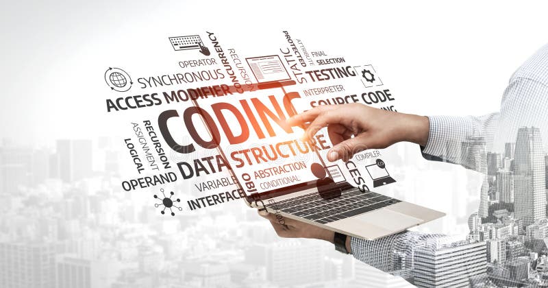 Modern Coding Concept with Laptop, Hand Interacting with Creative Code Structure, Software ...