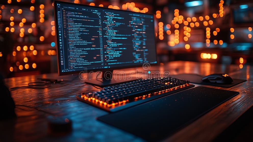 A Modern Coding Setup With A Computer Screen Displaying Lines Of Code Illuminated By Ambient
