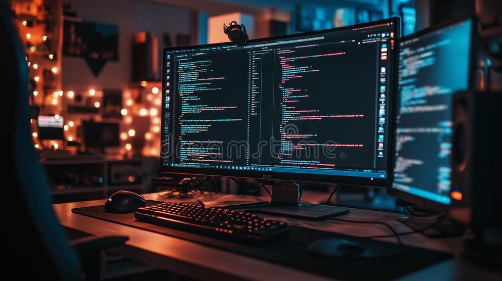 Modern Coding Setup Dual Monitors Code Dark Background Stock Illustration - Illustration of tech ...