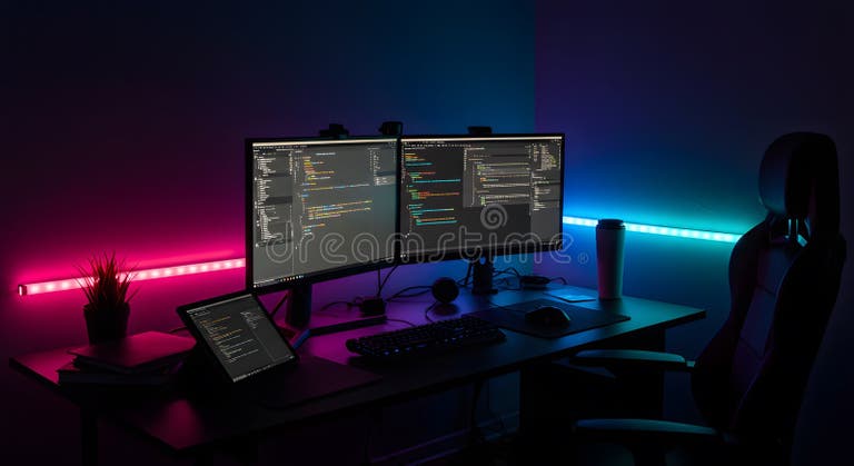 Modern Coding Setup with Dual Monitors and Neon Lighting Stock Illustration - Illustration of ...