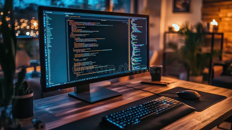 Modern Coding Workspace Home Office with Computer Setup Cozy Ambiance ...