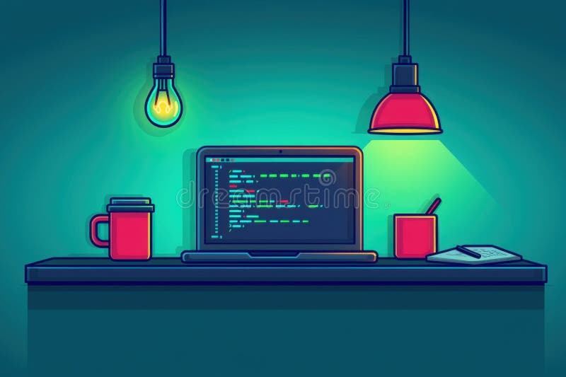 Modern Coding Workspace with Vibrant Colors and Flat Design Lighting Stock Image - Image of ...
