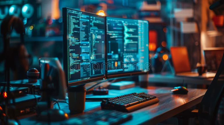 Modern Coding Workstation with Dual Monitors Stock Image - Image of ...