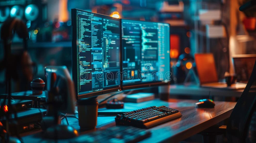 Modern Coding Workstation with Dual Monitors Stock Image - Image of coding, tech: 368542937