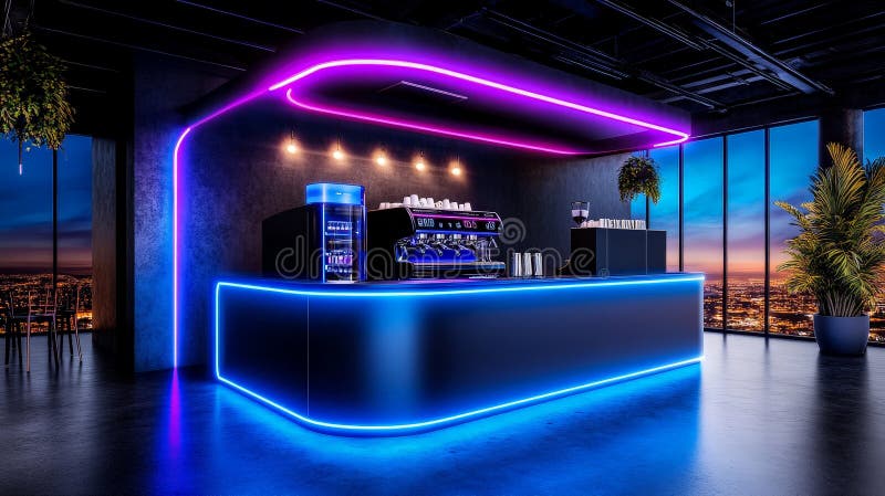 Modern Coffee Bar with Interactive Digital Features Stock Illustration ...