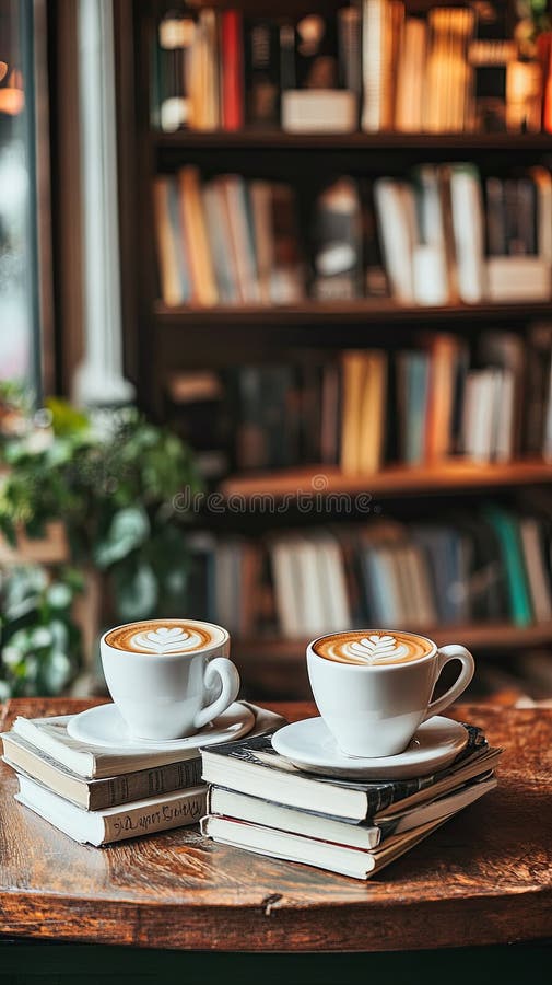 A Modern Coffee Bar with Mugs of Cappuccinos and a Stack of Books. Pic ...