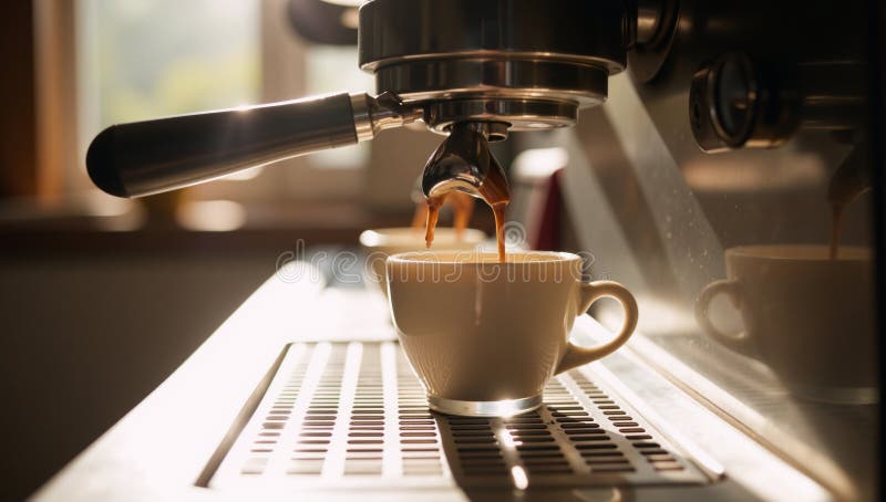 Modern Coffee Machine Brews Steaming Espresso in Sunlit Kitchen Scene ...