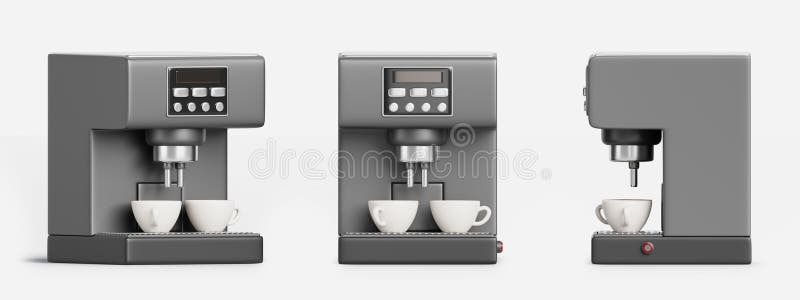 Modern Coffee Machine with Cup Front, Side and Angle View. Realistic 3d ...
