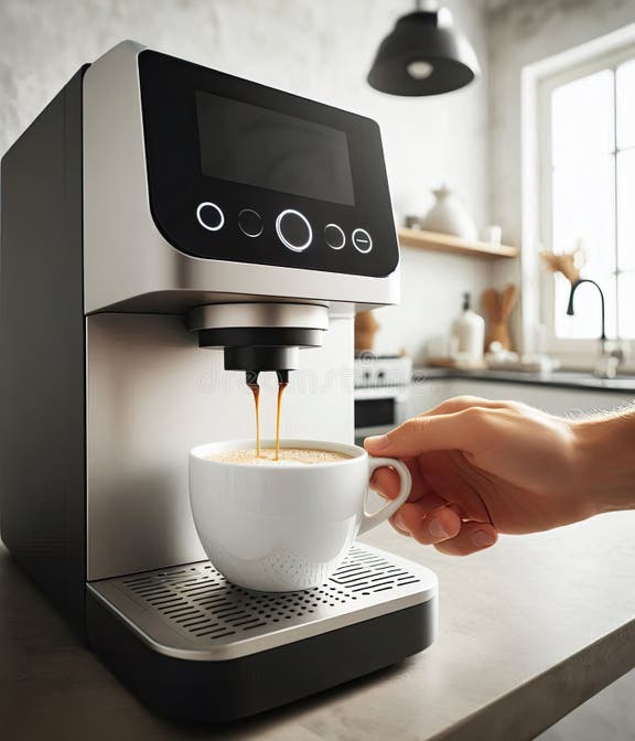Modern Coffee Machine with Cups on Table in Kitchen. Modern Coffee ...