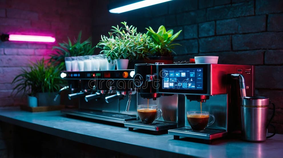 A Touchscreen Coffee Machine is Making a Hot Cup of Coffee Stock ...