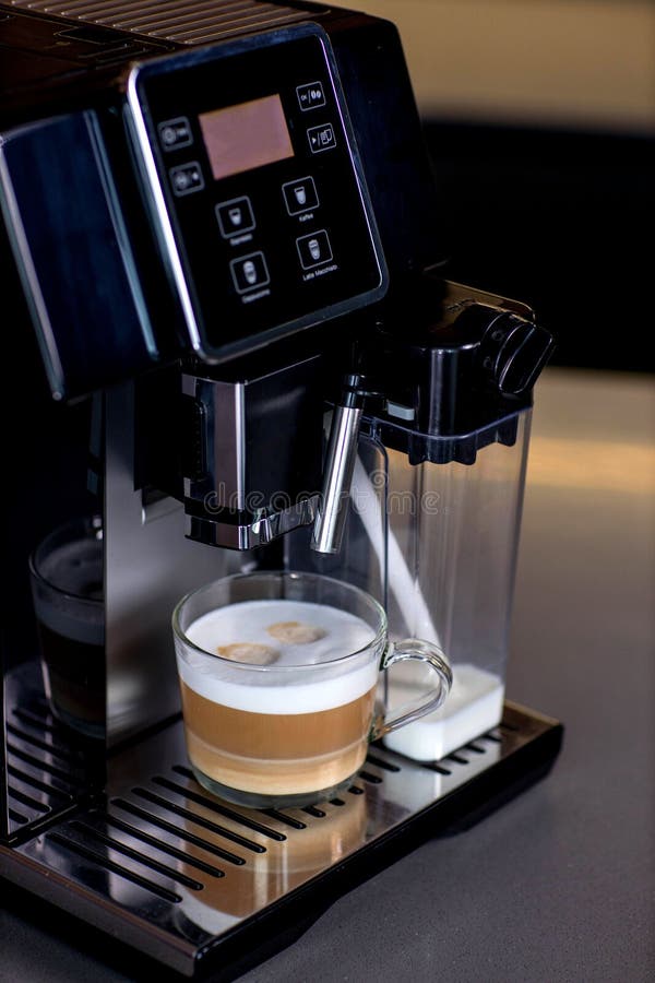 Modern Coffee Machine with Glass Cup of Latte in Kitchen Stock Photo ...
