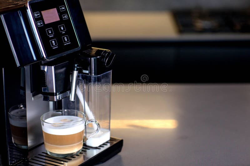 Modern Coffee Machine with Glass Cup of Latte in Kitchen Stock Image ...