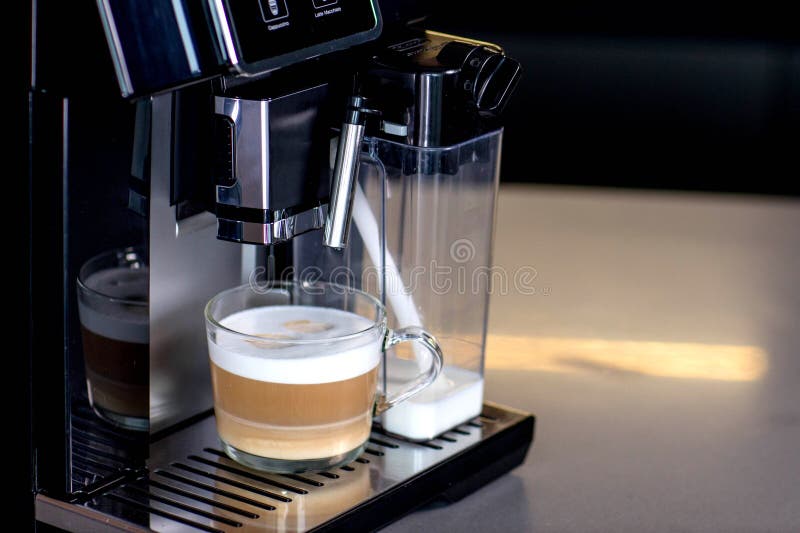 Modern Coffee Machine with Glass Cup of Latte in Kitchen Stock Photo ...