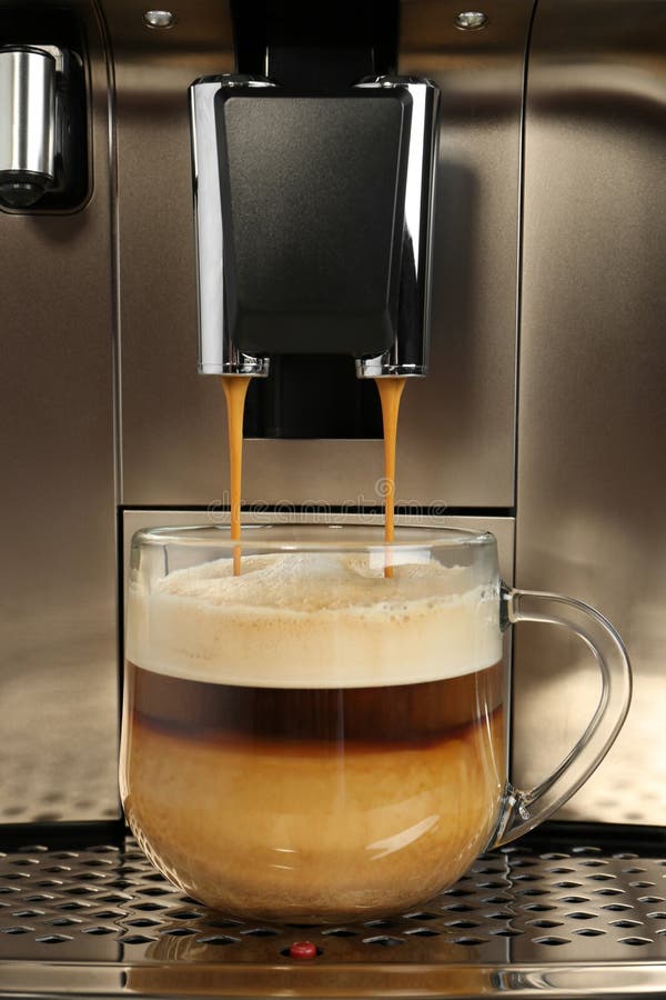 Modern Coffee Machine Making Latte into Glass Cup, Closeup Stock Image ...