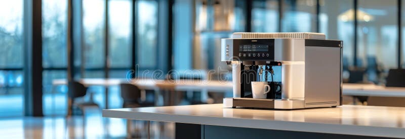 Modern Coffee Machine on Office Table. Concept of Workplace Efficiency ...
