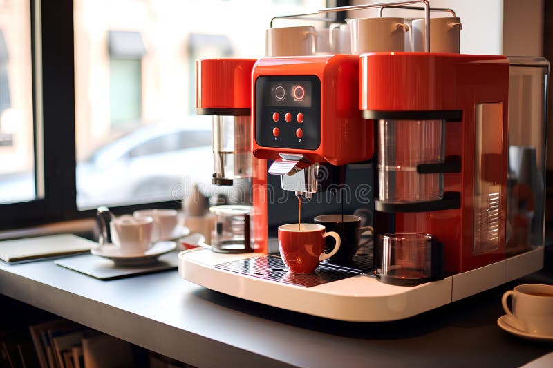 Modern Coffee Machine Pouring Milk into Glass Cup on White Countertop ...