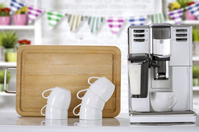 Coffee Machine with White Cups for Coffee on Wooden Chopping Board ...
