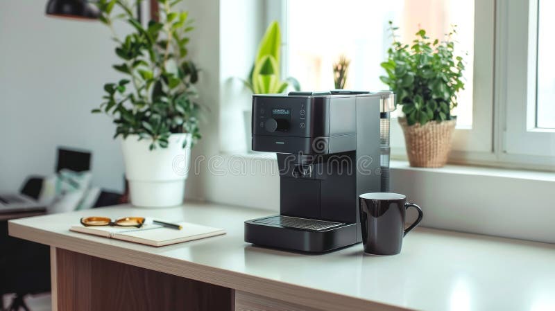 Modern Coffee Machine in a Sunlit Office Kitchen with Plants. Concept ...